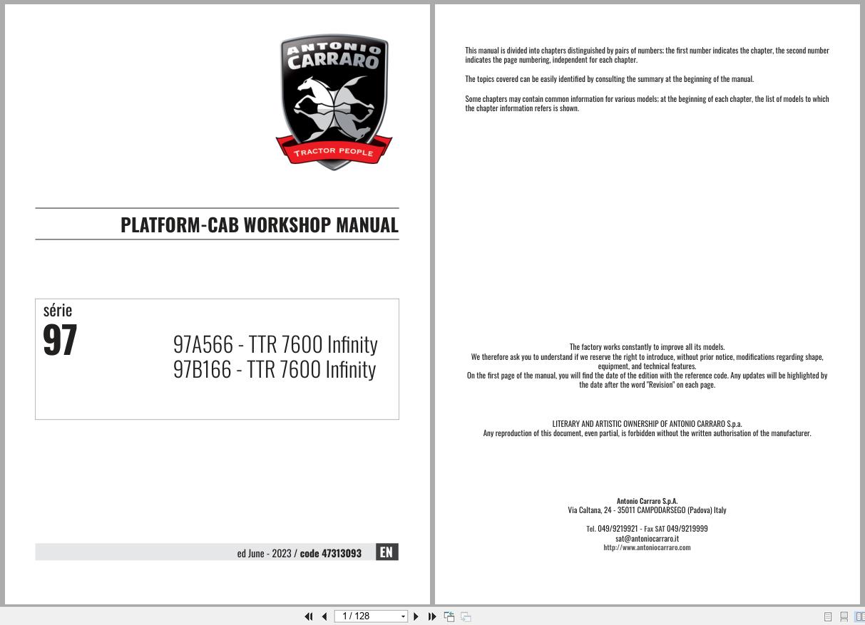 Antonio Carraro Series 97 TTR7600 Infinity Platform Cab Workshop Manual ...