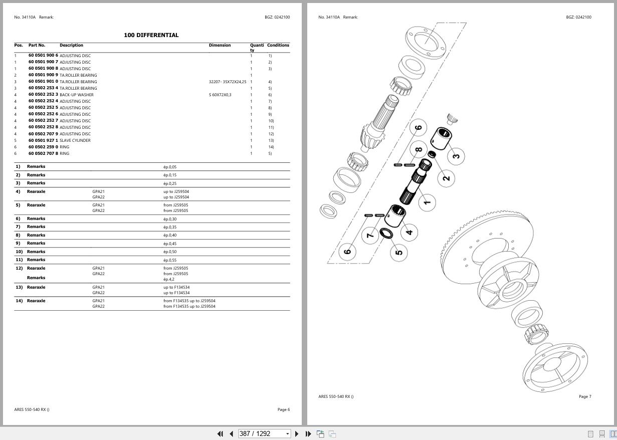 CLAAS ARES 550-540 RX CT42R0050-CT42R2448 Parts Catalog