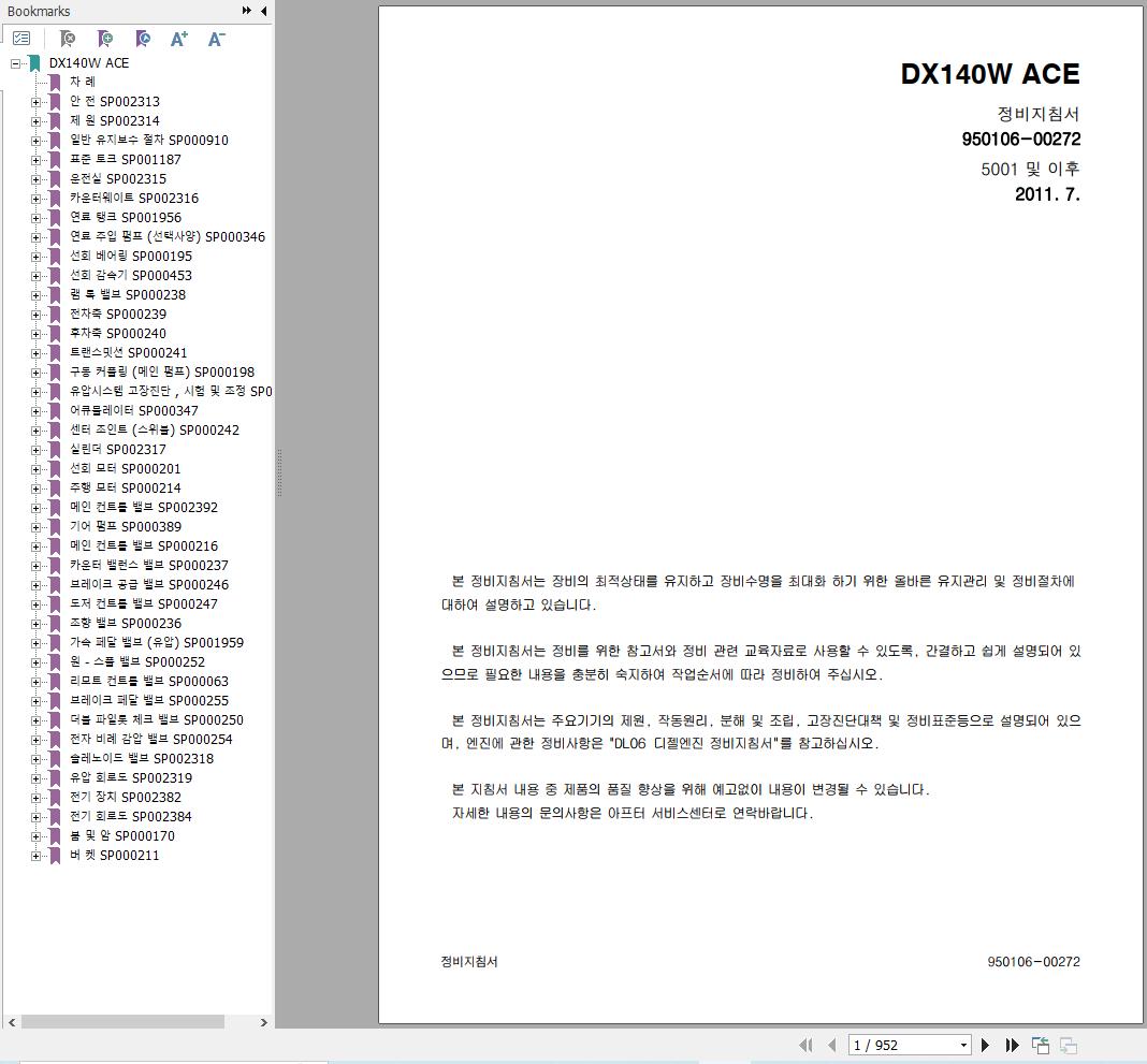 Doosan DX140W ACE Service Manual 950106-00272 KO PDF