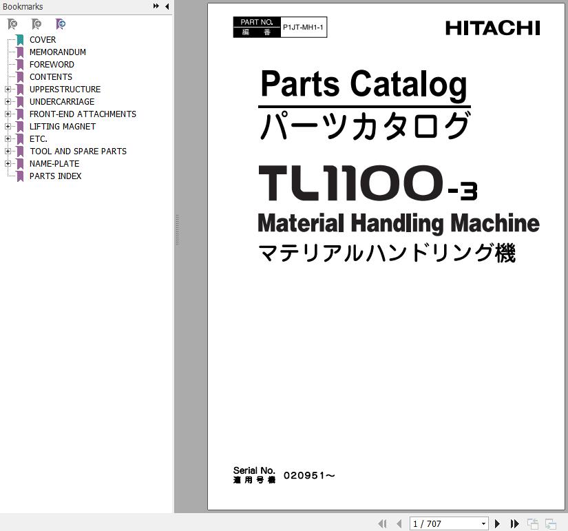Hitachi TL1100-3 Material Handling Machine Parts Catalog