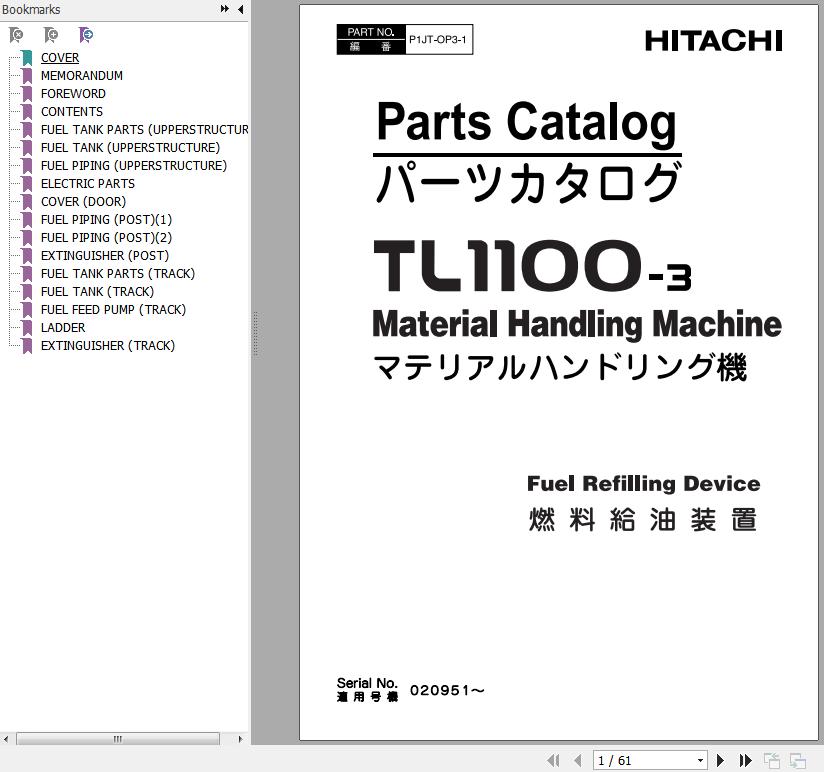 Hitachi TL1100-3 Material Handling Machine Parts Catalog