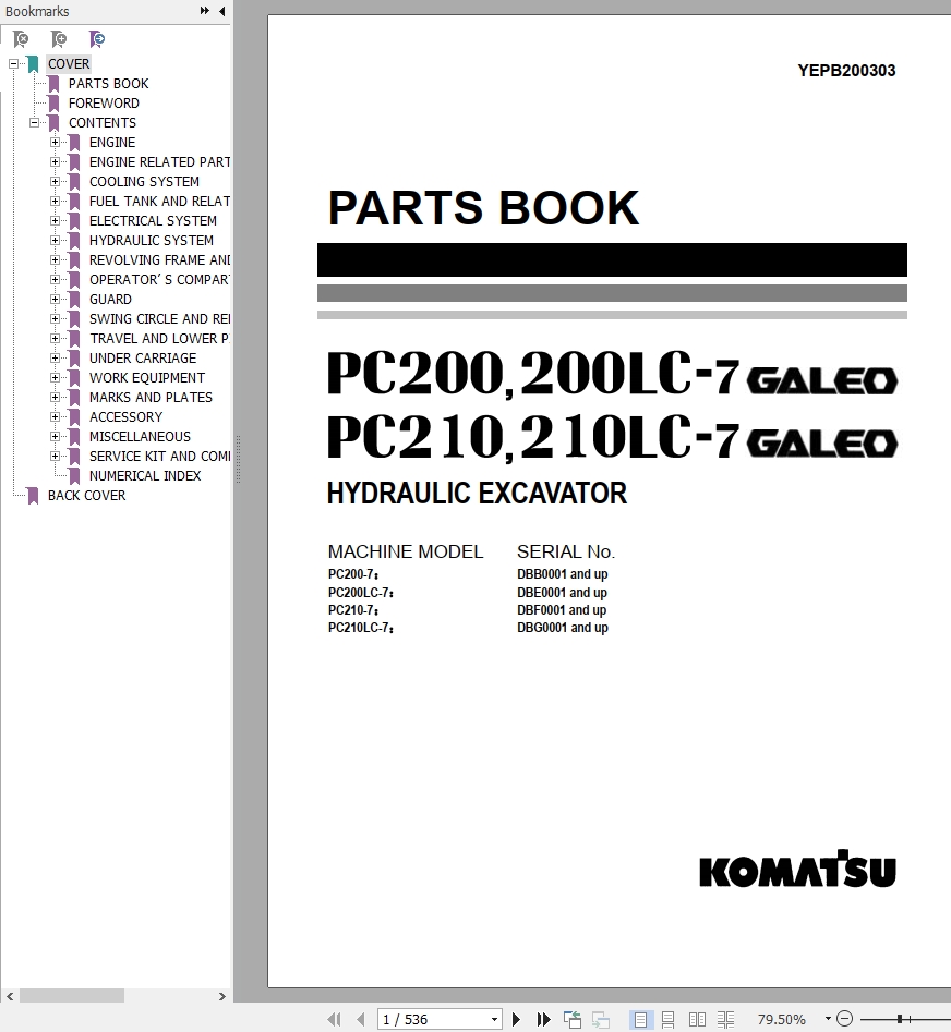 Komatsu PC200-7 PC200LC-7 PC210-7 PC210LC-7 Part Book YEPB200303