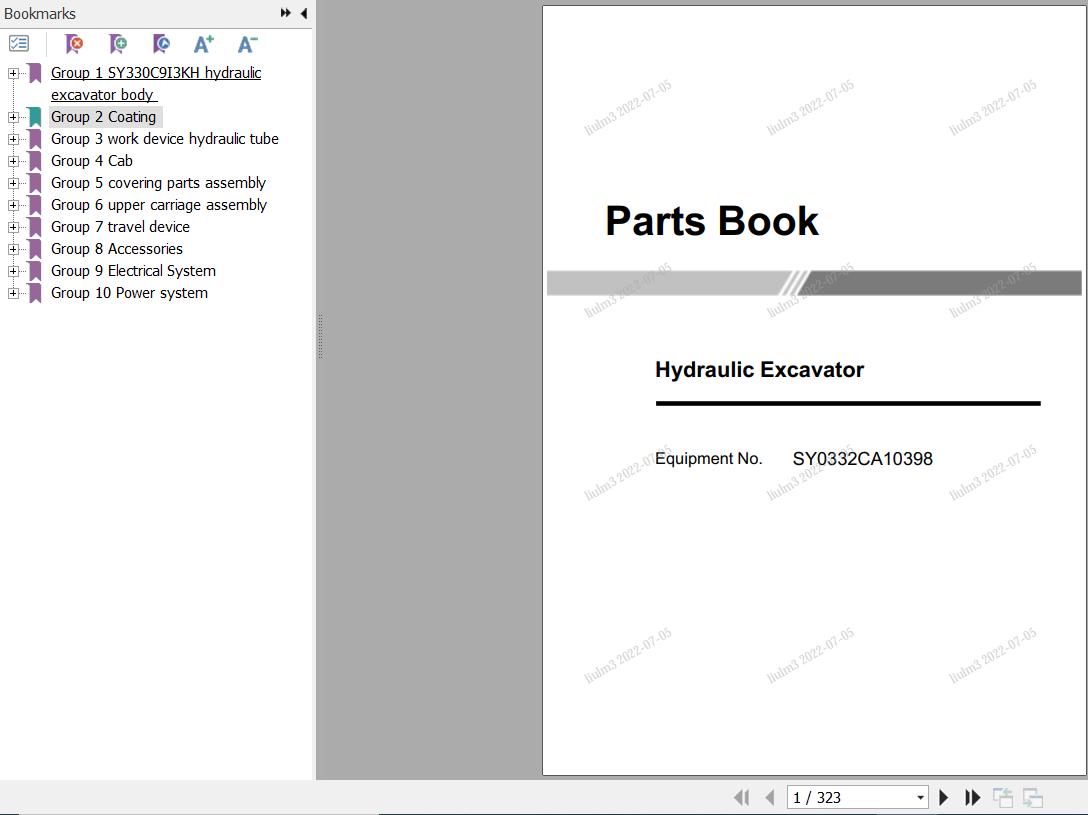 Sany SY330H Parts Book SY0332CA10398